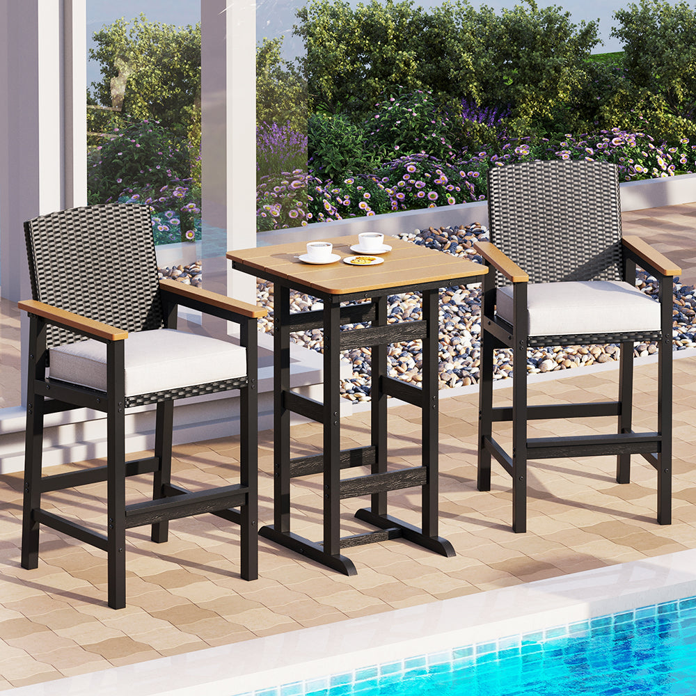Tranquil 3-Pcs Outdoor High Bar set with HDPE Rattan Bar Stool and Woo