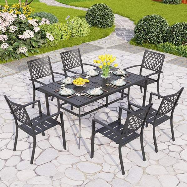 Phi Villa 7 Piece Steel Panel Table and 6 Stackable Chairs Outdoor Dining Sets Fashion