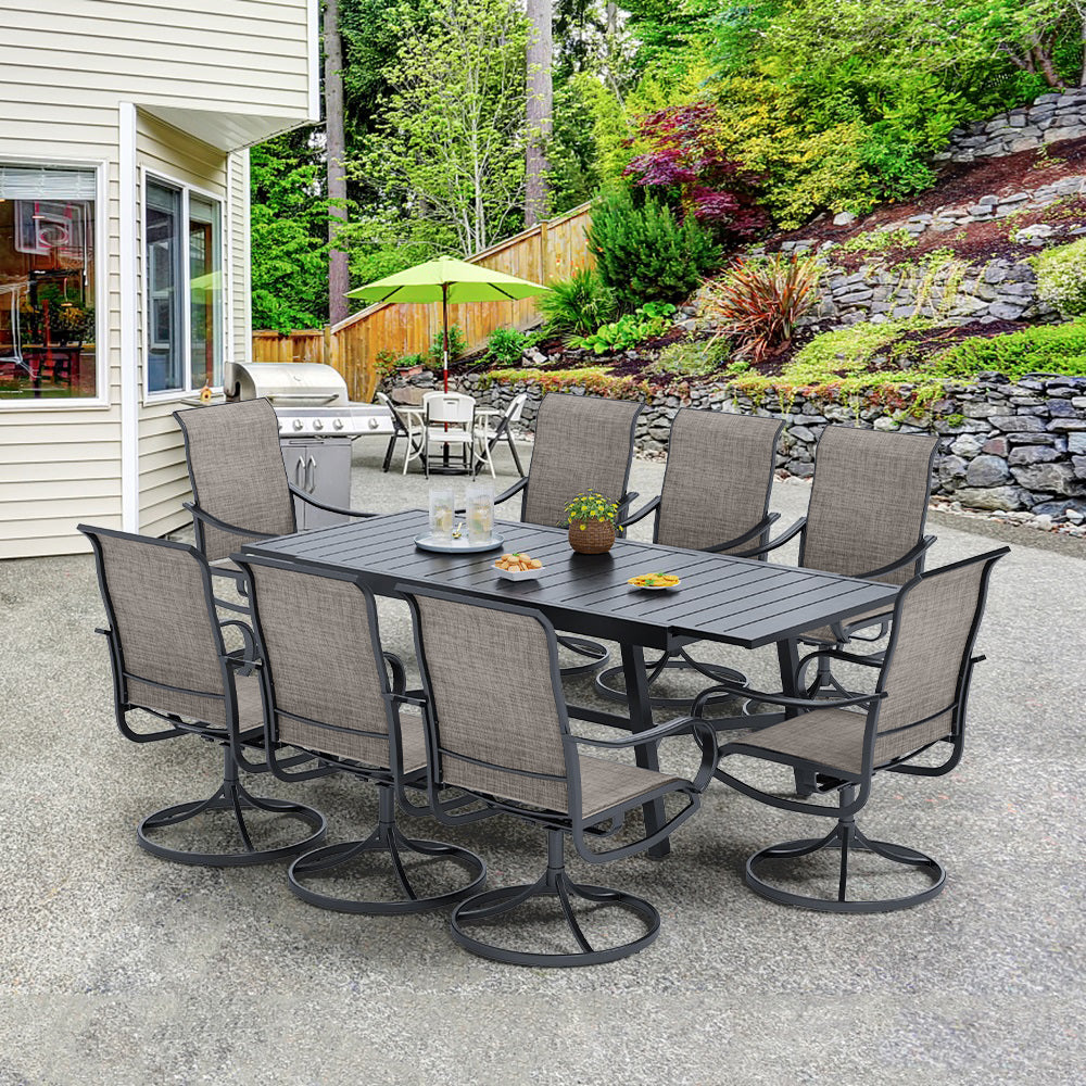 Extendable Outdoor Dining Table Sets for 6/8 with Sling Swivel Chairs ...