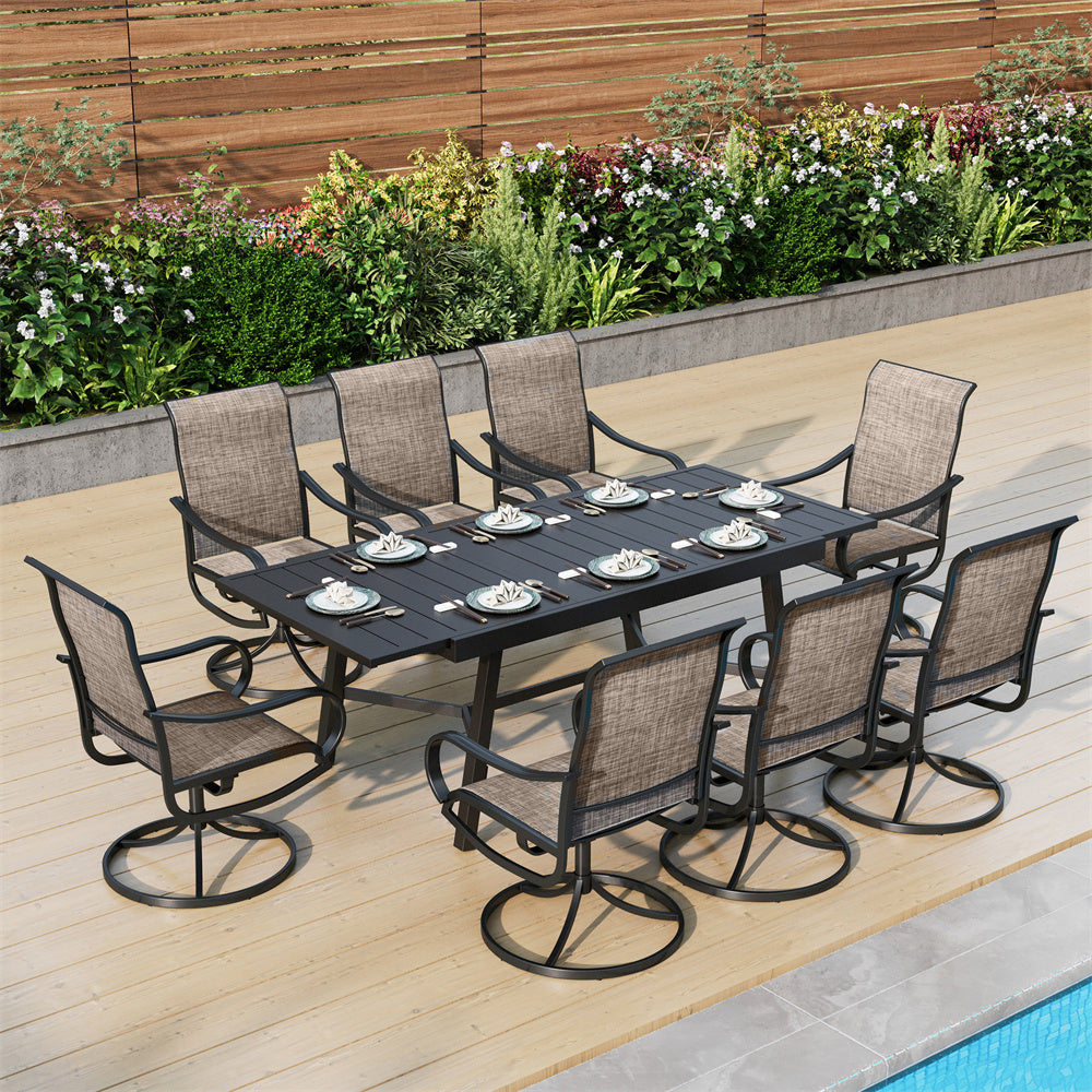 Extendable Outdoor Dining Table Sets for 6/8 with Sling Swivel Chairs ...