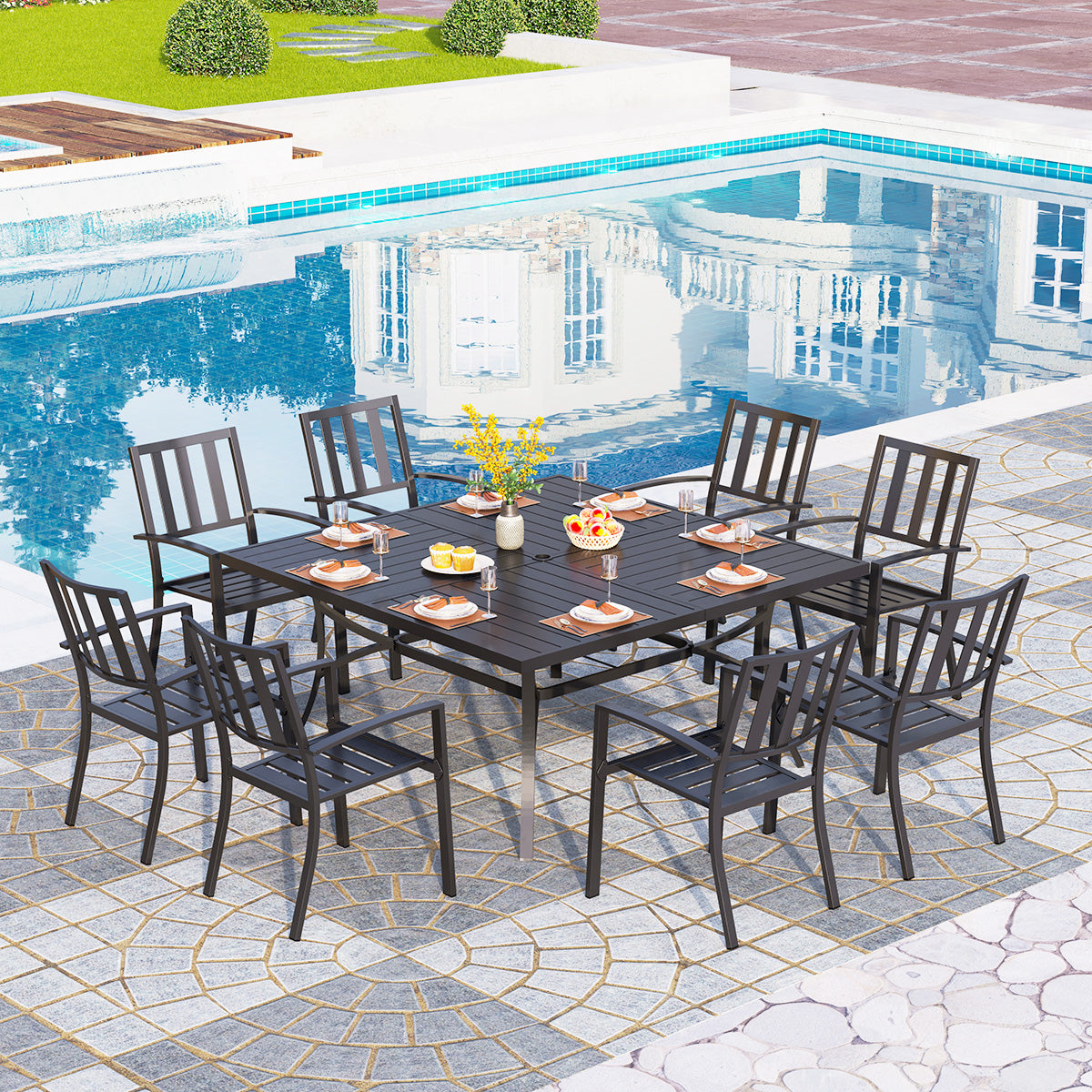 9 Pcs Outdoor Dining Set - 60" Square Table with Stackable Chairs