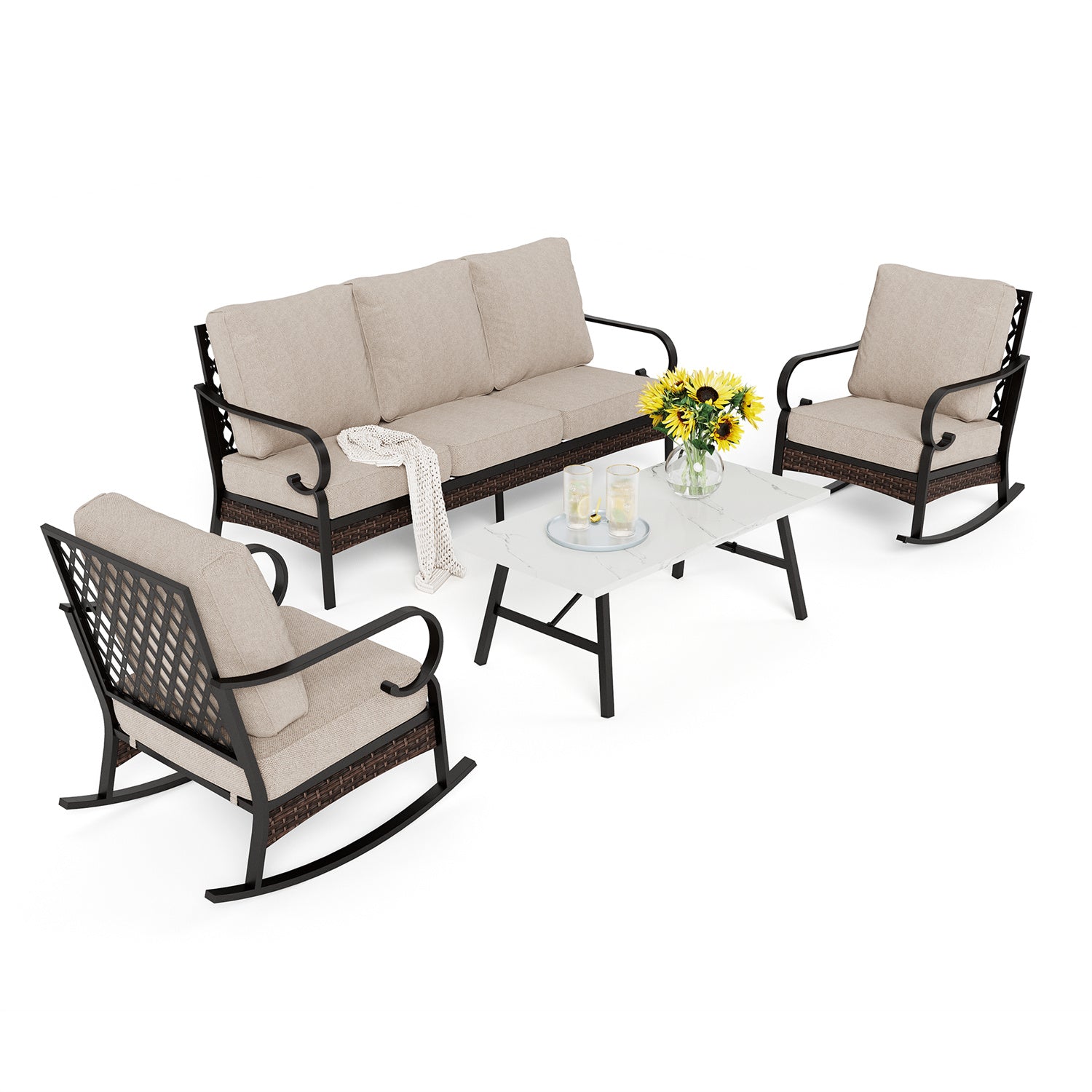Phi Villa 5-Seater Outdoor Steel & Rattan Dark Color Sofa Set With Cof