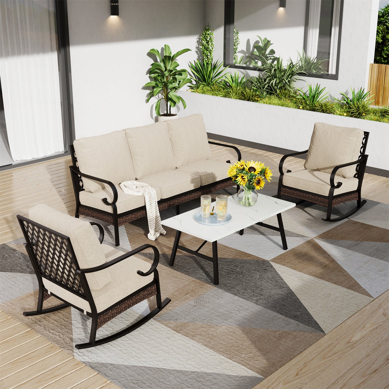 Phi Villa 5-Seater Outdoor Steel & Rattan Dark Color Sofa Set With Cof