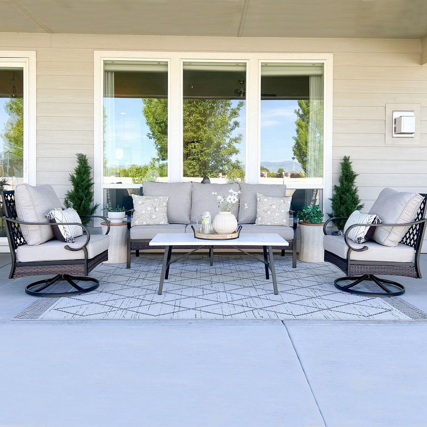 Phi Villa 5-Seater Outdoor Steel & Rattan Dark Color Sofa Set With Cof