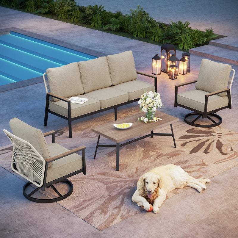 Phi Villa 5 Seater Outdoor Wicker Steel Sofa Set with Elegant Rattan Backrest Design
