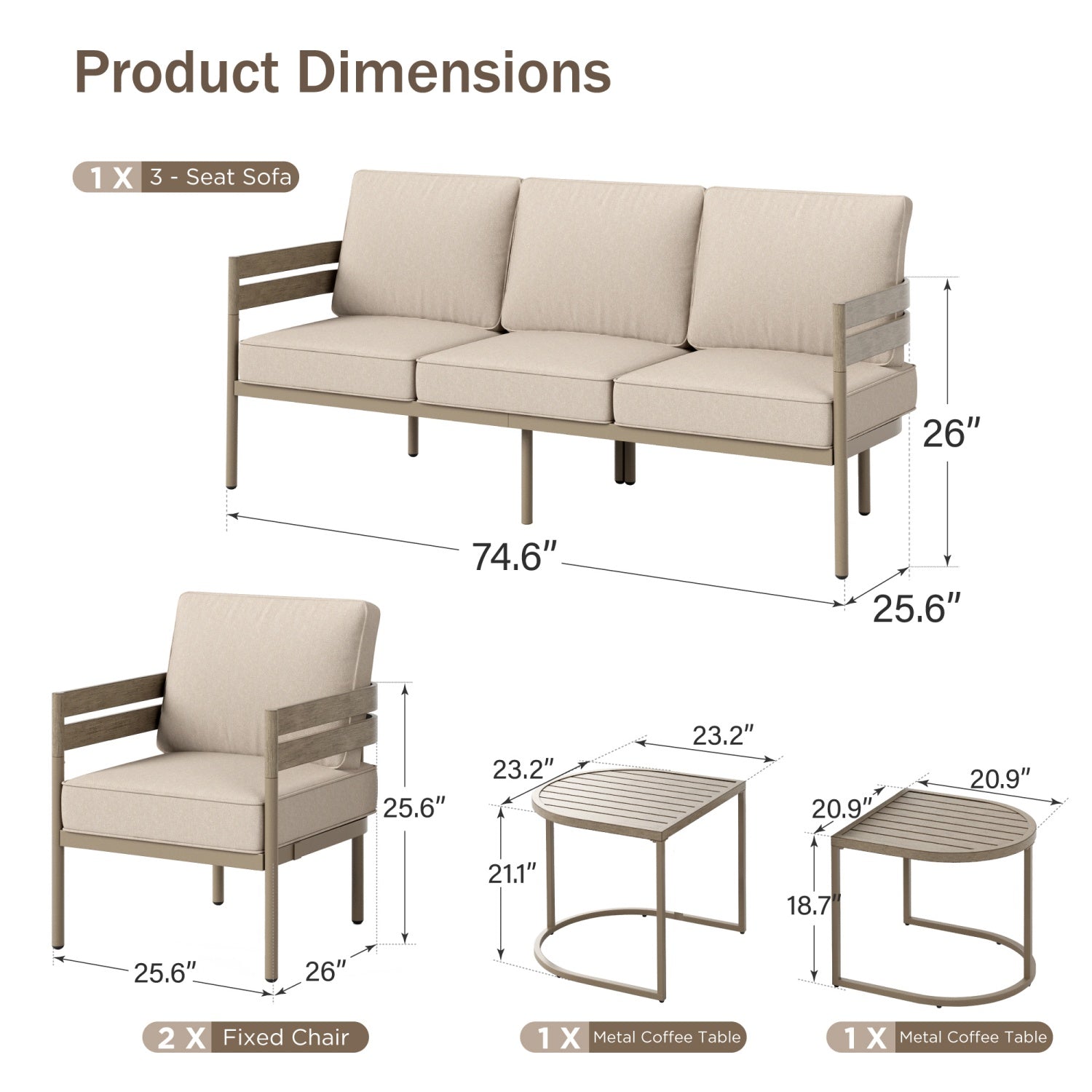 5-Seater Patio Curved Wood-Like Metal Sofa Set