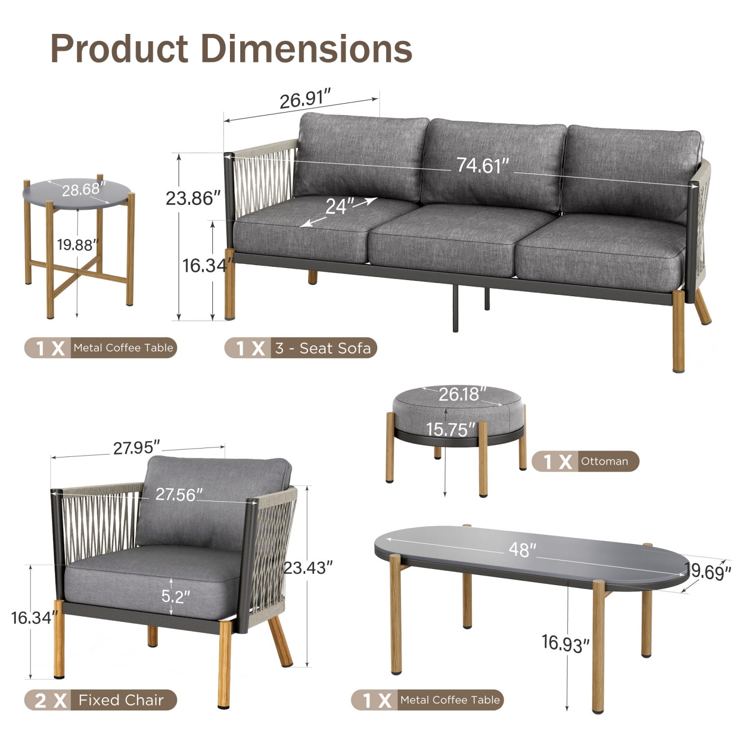 5-Seater Modern Gray Woven Rope Outdoor Sofa Set with 2 Coffee Tables