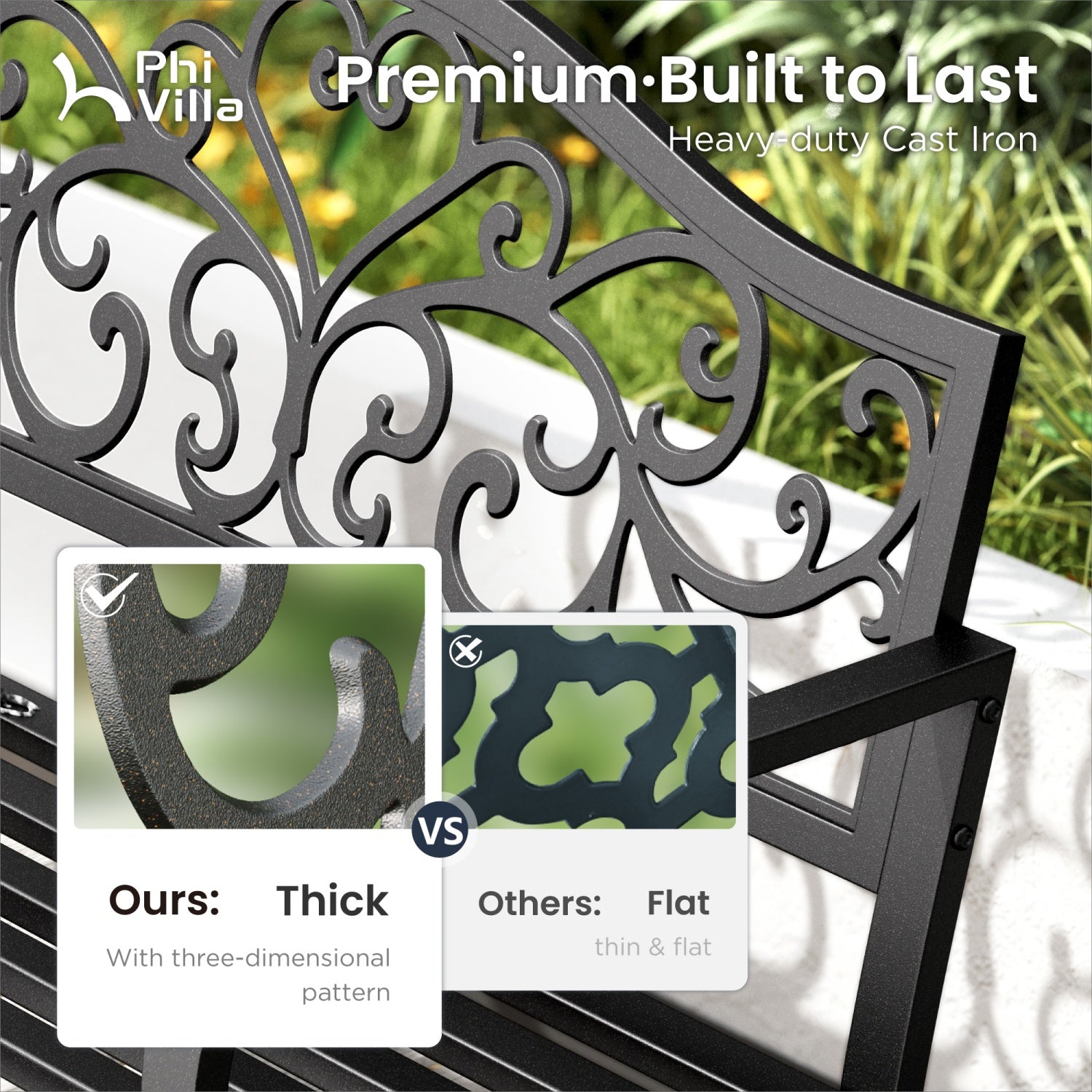 PHI VILLA Outdoor Cast Iron Garden Bench with Unique Three-Dimensional