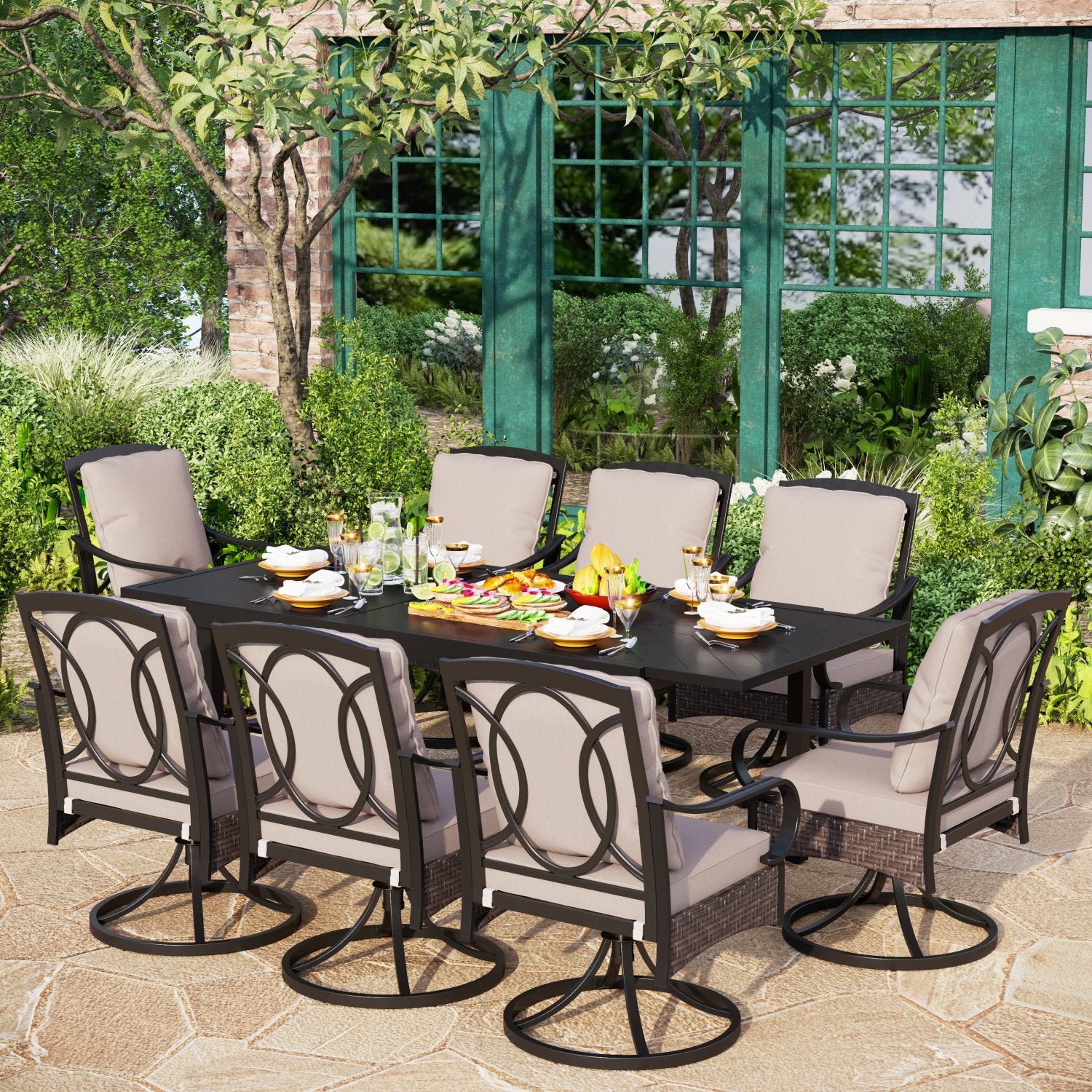 7/9-Piece Outdoor Dining Set With Extendable Table & Rattan Swivel Cha